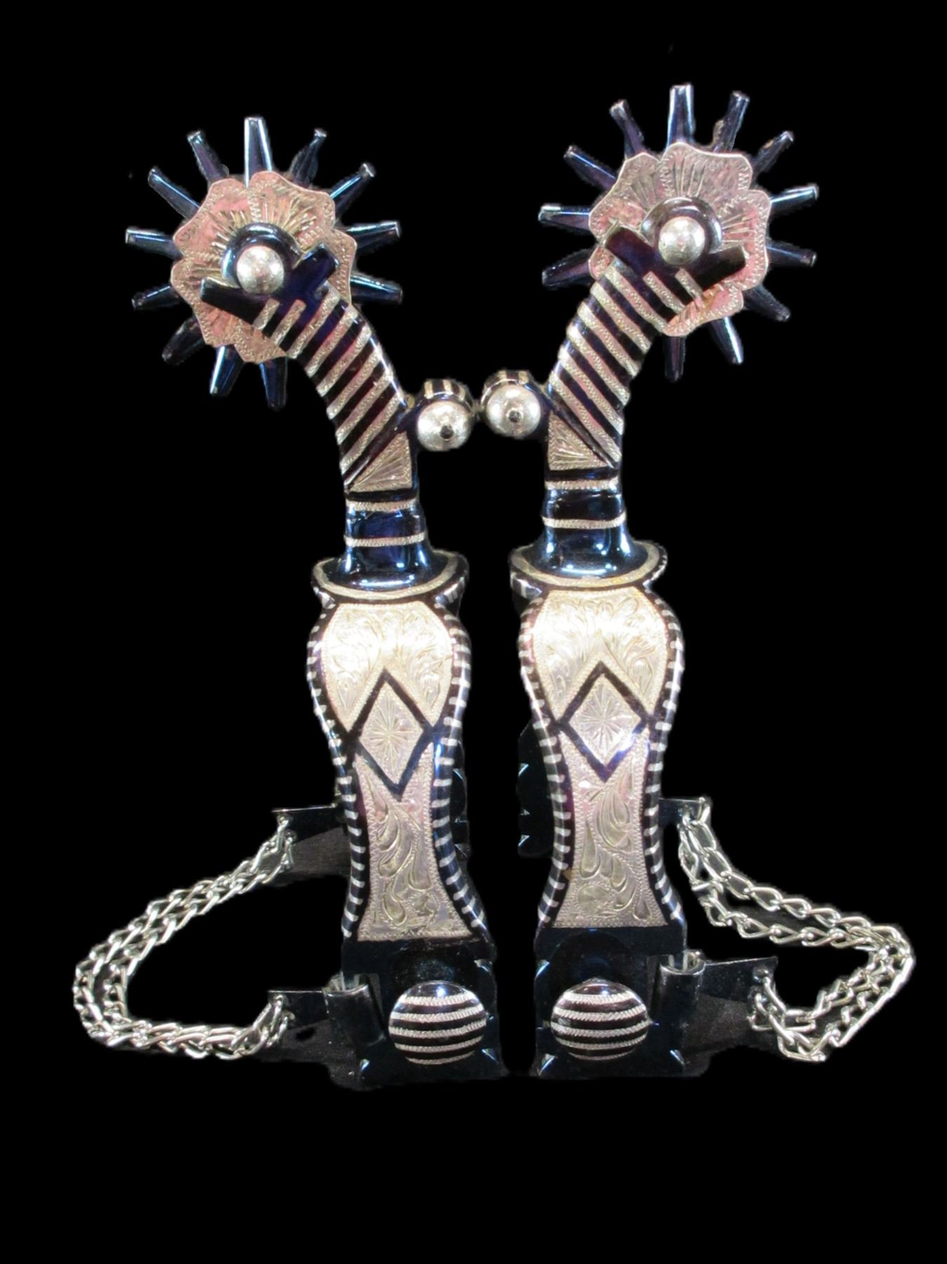 Marked E Garcia In Script Silver Inlaid Spurs- 1.1" Bands- 2.5" Shanks ...