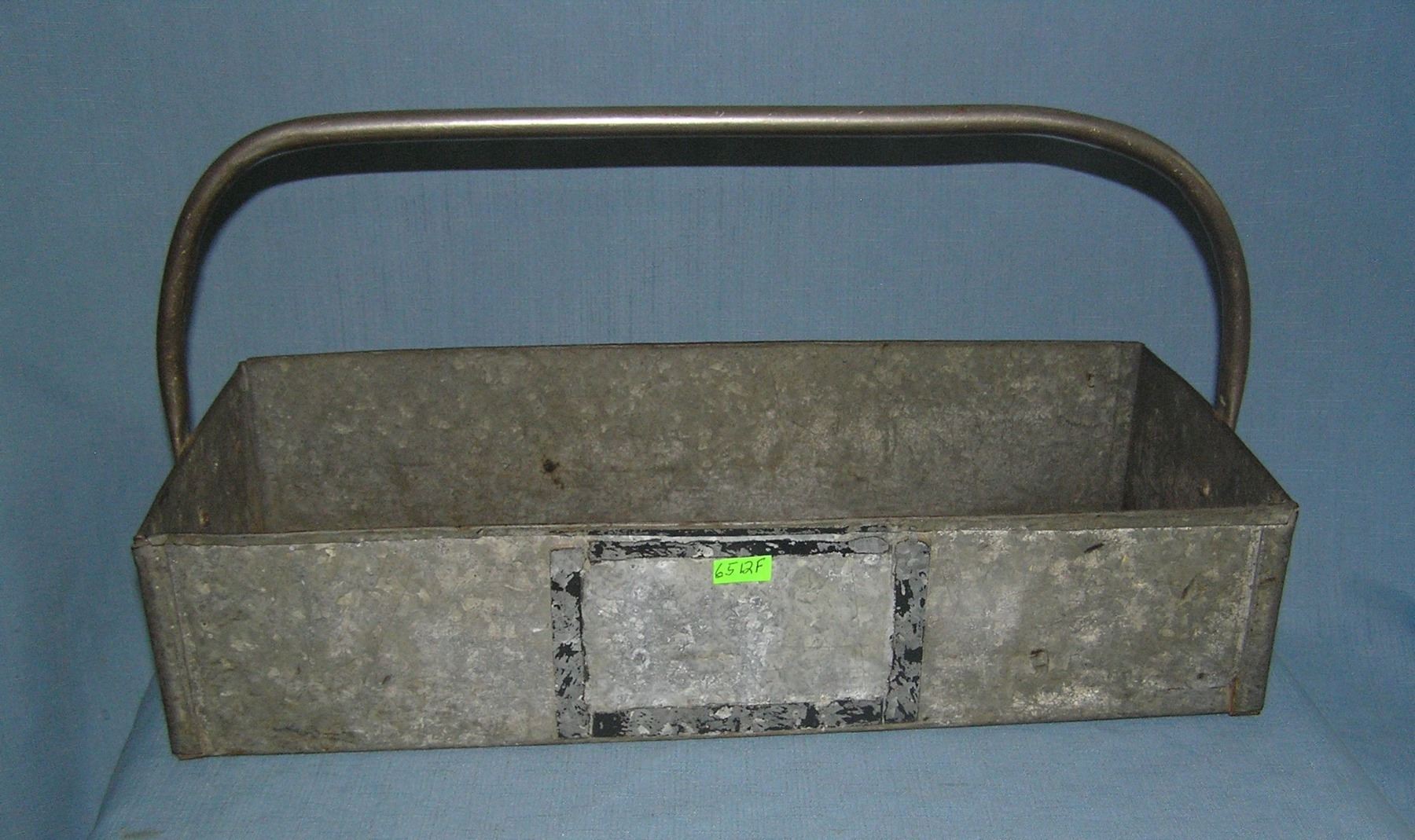 Antique all metal milk bottle carrier or farm house utility carrier