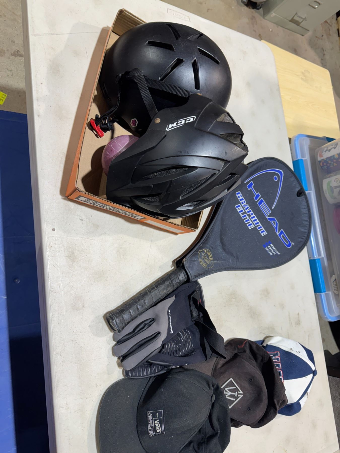Helmets, racket, caps, and gloves