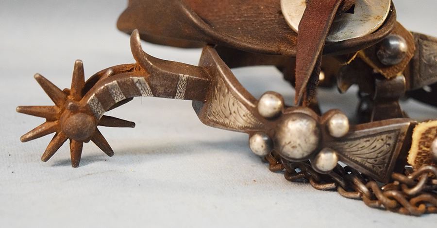 1880's silver inlaid spurs, sterling silver, "bow tie" pattern, double ...