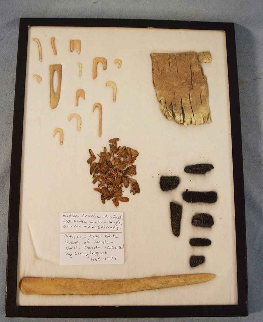 Riker Case: 23 Bone fish hooks, pumpkin seeds and corn cob chars