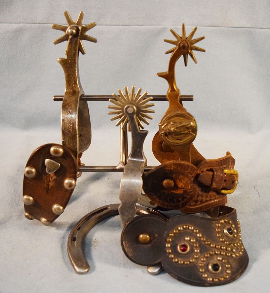 (3) Buermann single spurs with straps - one Hercules bronze horsehead ...