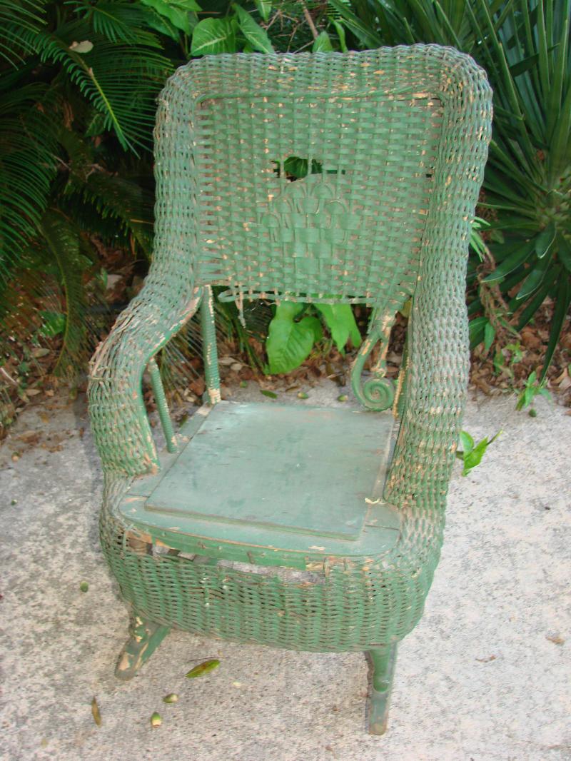 Old Green Wicker & Wood Child's Rocker