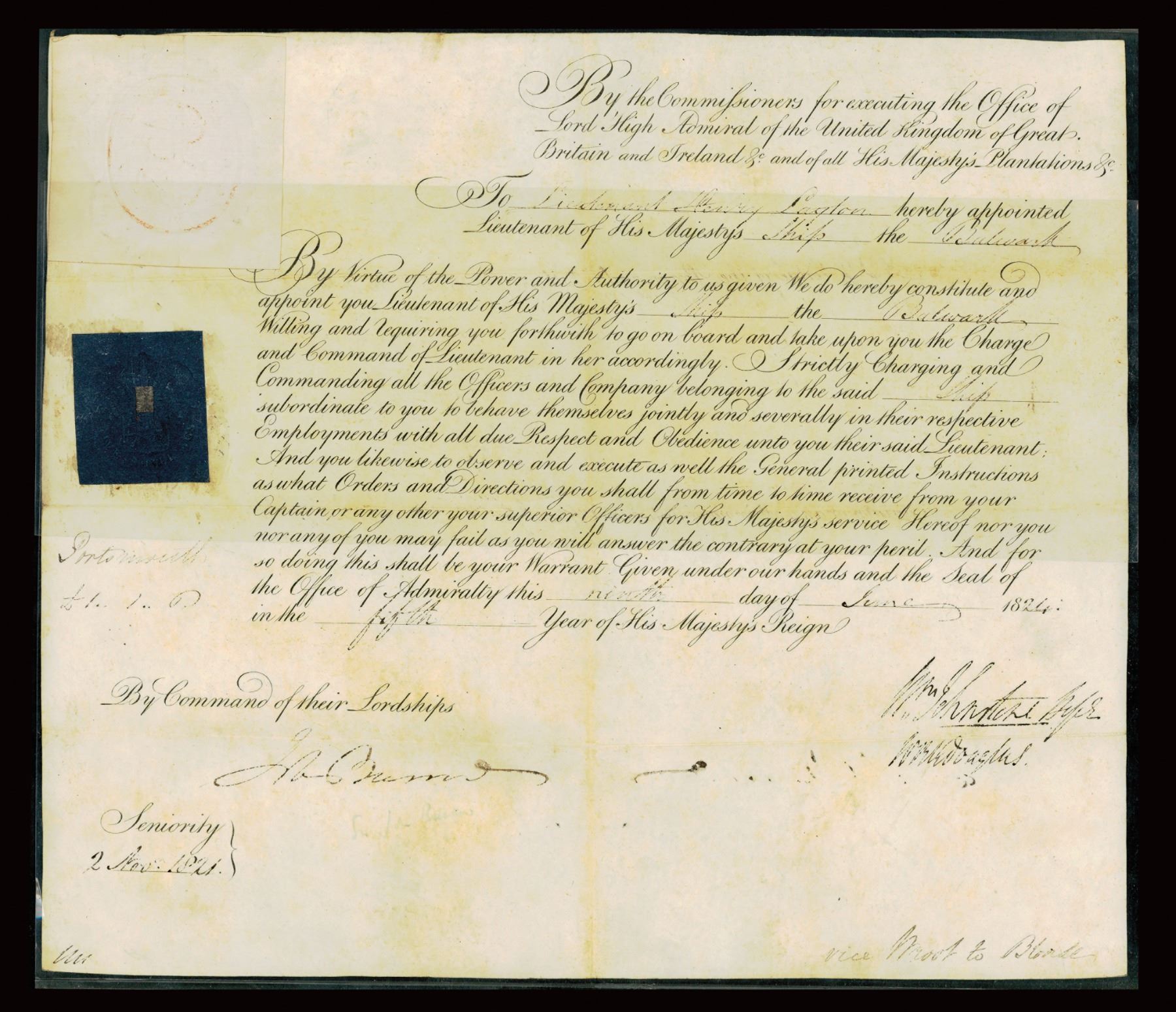 1821 British Royal Navy Commission Document for HMS Bulwark Lieutenant,