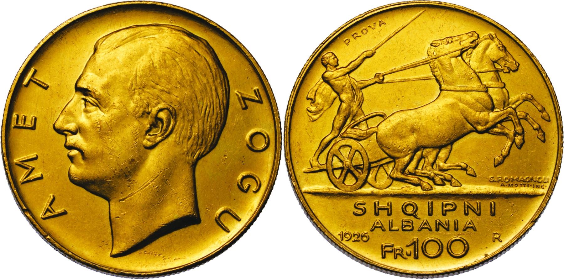 Albanie, Ahmed Zogu, président 1925-1928 100 Franga ESSAI - PROVA, Rome, 1926 R, AU 32;25 g. Avers