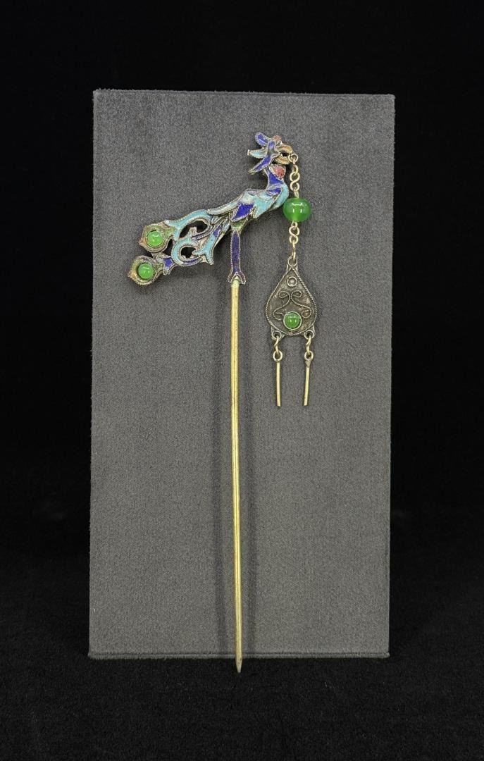 Antique Chinese Cloisonne Jade Hair Hat Pin