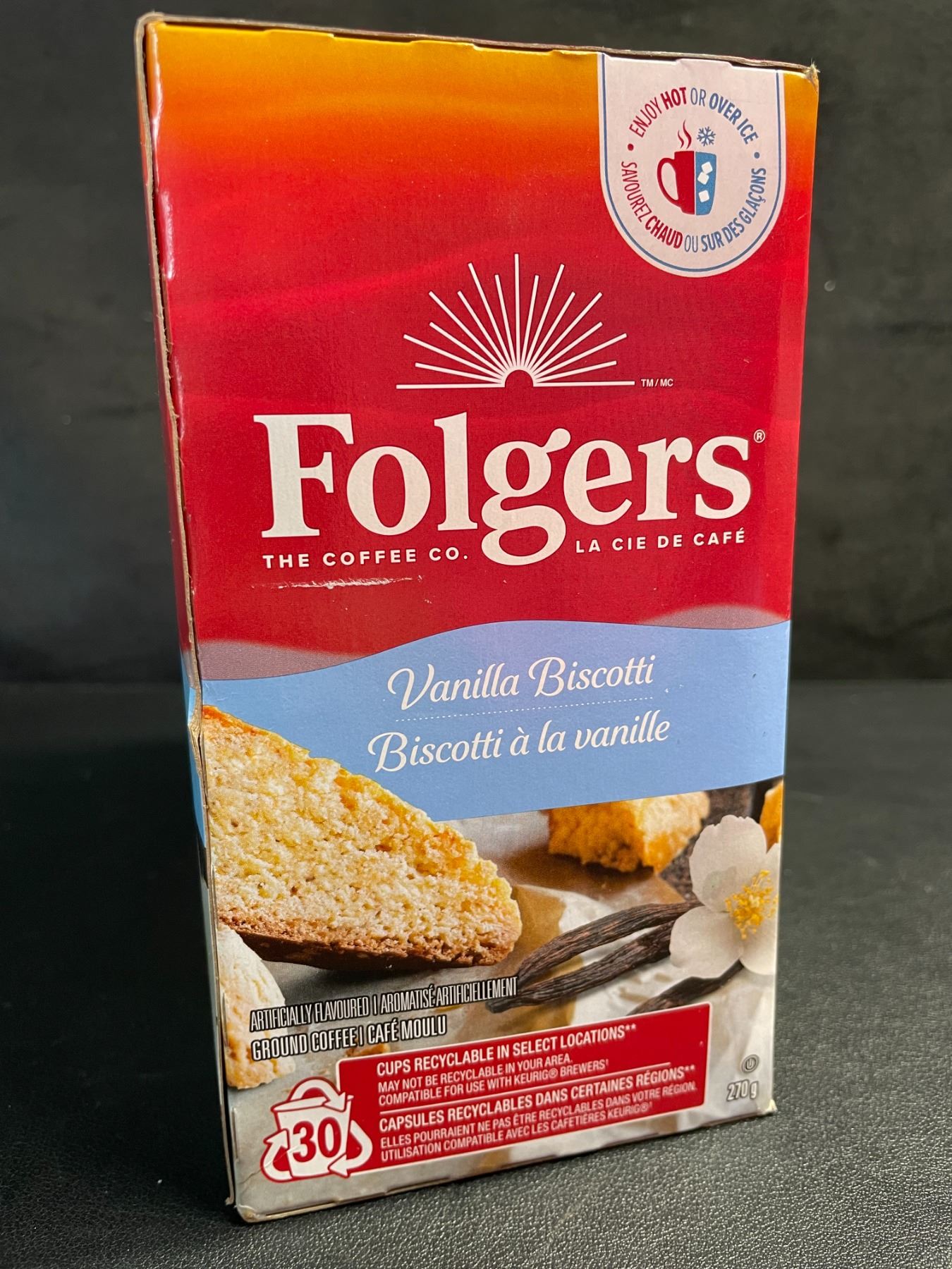 1 Box of Folgers Vanilla Biscotti K-Cup Coffee Pods - 30 Per Pack (270g) - New