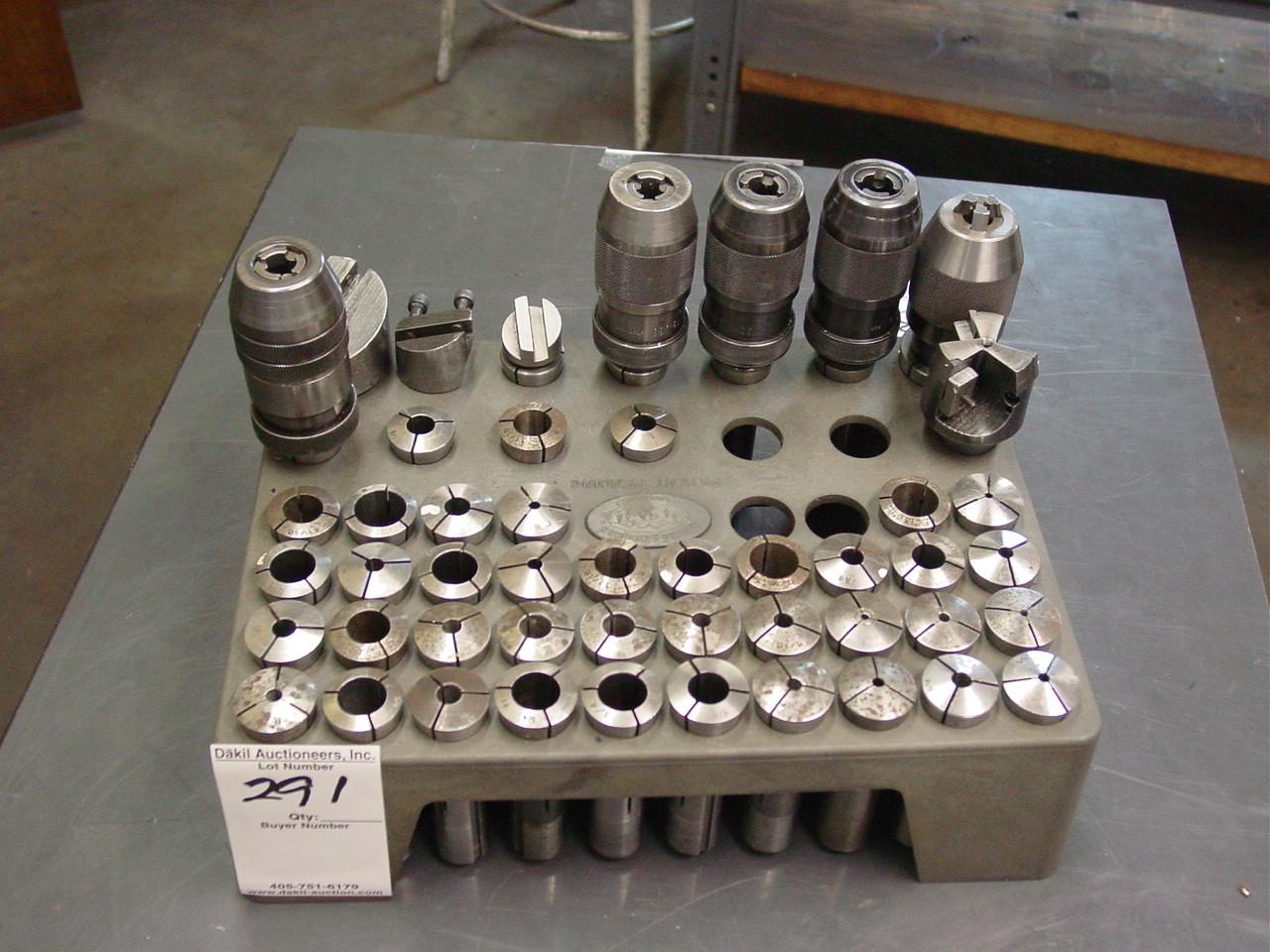 ASSORTMENT R-8 COLLETS, DRILL CHUCKS, FLY CUTTERS, FACE MILL W/RACK