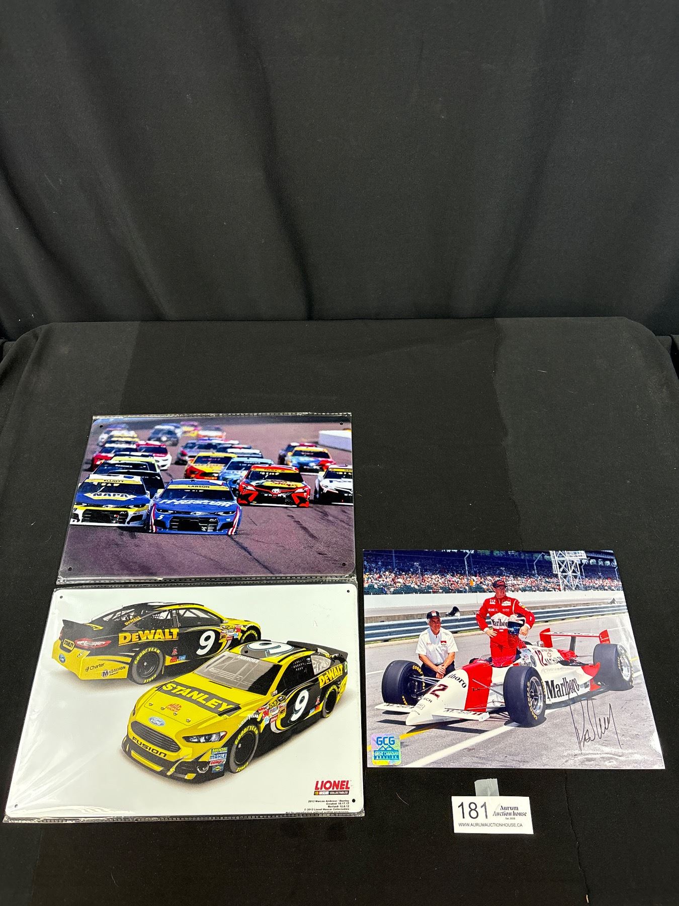 2 Tin Nascar Signs + Autographed Paul Tracy Racing Car