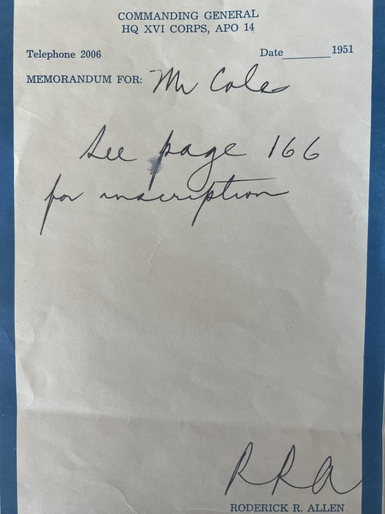 Major General Roderick R. Allen signed note