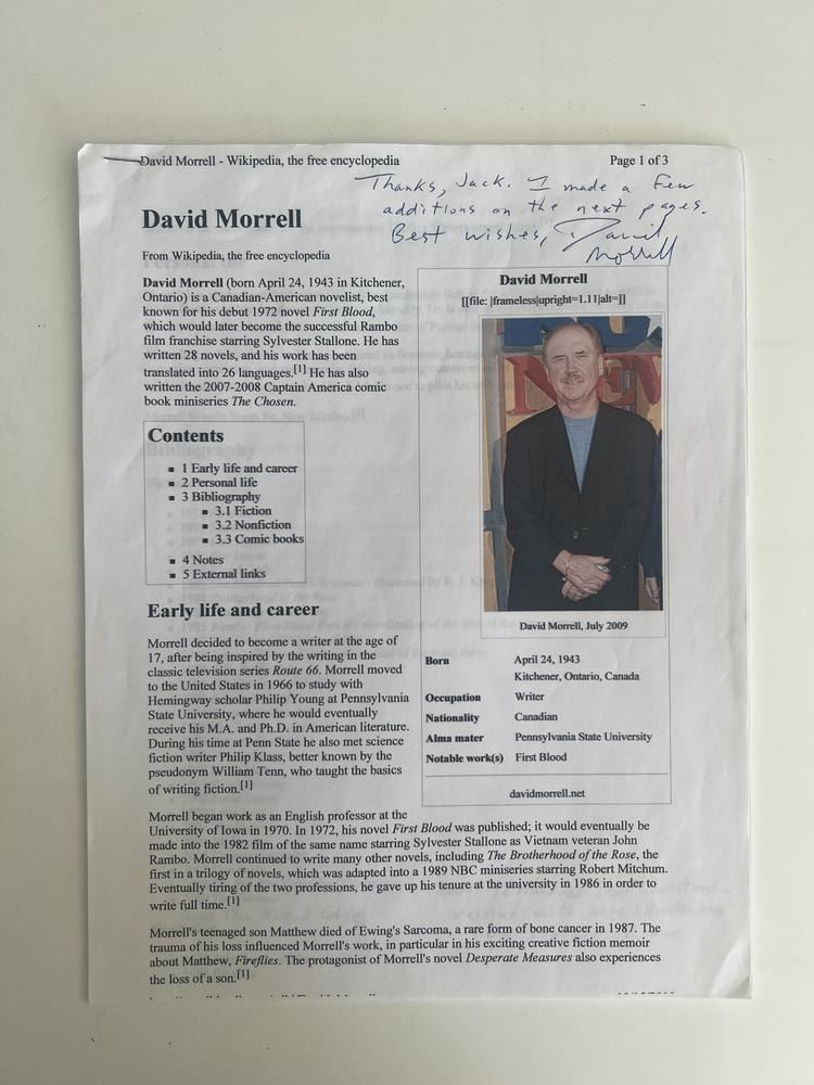 Best-selling Rambo author David Morrell signed printed bio