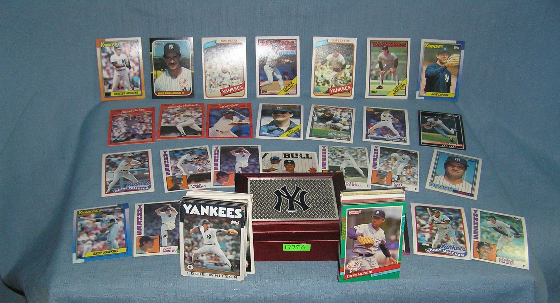 NY Yankees walnut decorative gift box full of NY Yankees baseball cards