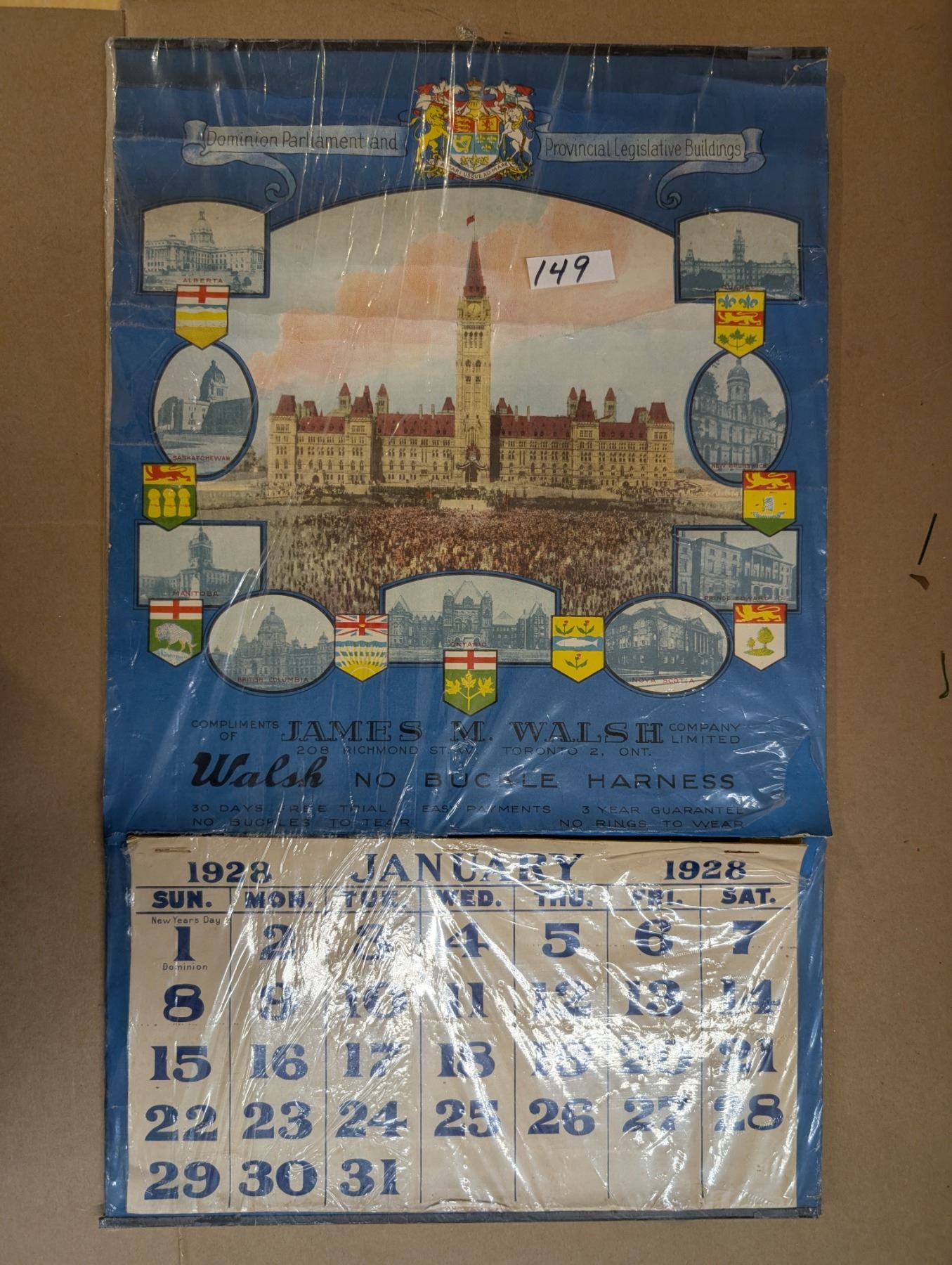 Vintage 1928 Wall Calendar Ft. Dominion of Parliament - Schmalz Auctions