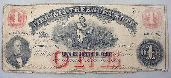 1862 CIVIL WAR ERA 1 DOLLAR VIRGINIA TREASURY NOTE