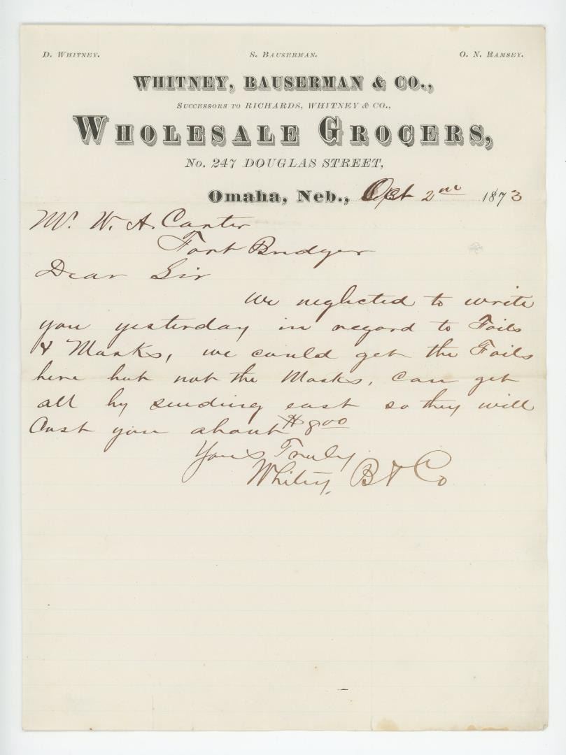 1873 Whitney & Bauserman Omaha Nebraska Letterhead
