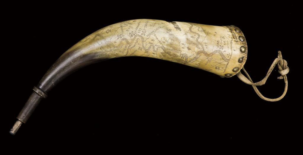Scrimshawed map powder horn approx. 14” overall with a wood plug, brass ...