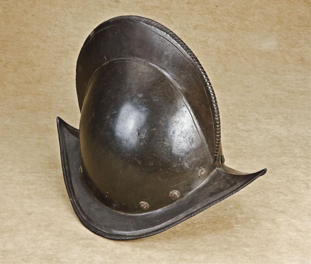 Late 16th to mid 17th century Moorian helmet, blued steel, with brass ...