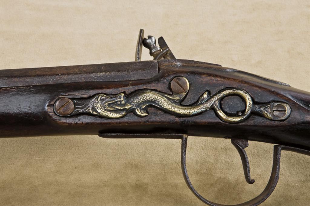 Early flintlock Indian trade gun with serpent brass side plate, .60 cal ...