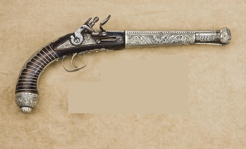 Heavily decorated Arab flintlock pistol, approx. .60 cal., 9-1/2 ...