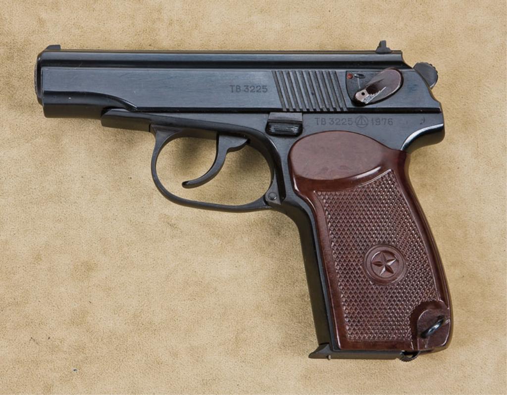 Soviet military Makarov semi-auto pistol, 9mm cal., 4” barrel, blue finish, checkered maroon plastic