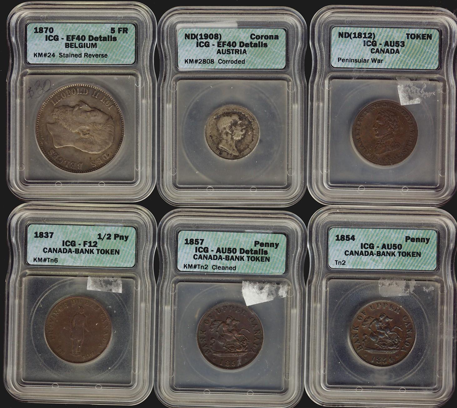 Tokens, Lot of 6 ICG graded coins including 4 Canadian Tokens, WE-11 ...