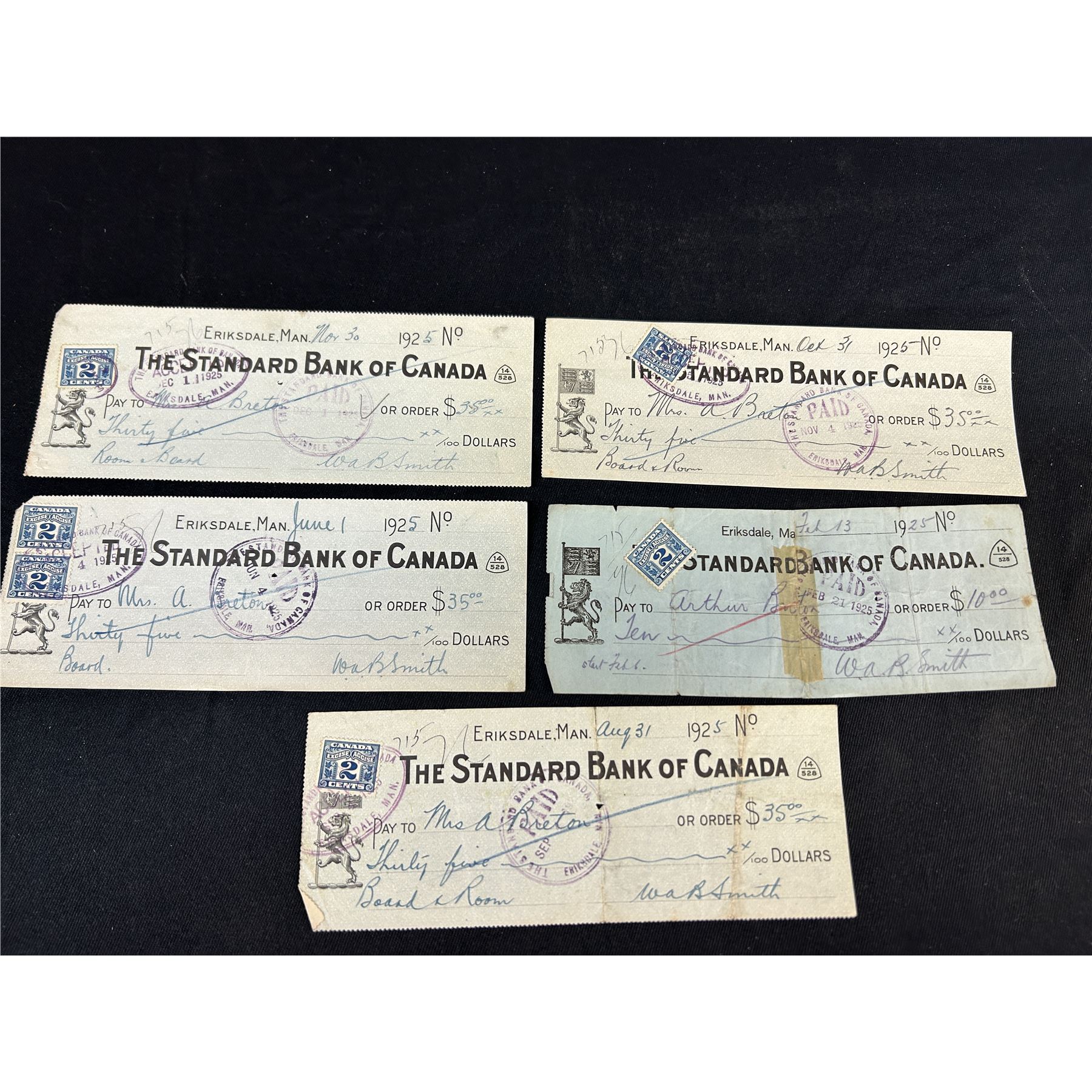 Lot of 5 Vintage 1925 Cheques The Standard Bank of Canada Eriksdale ...