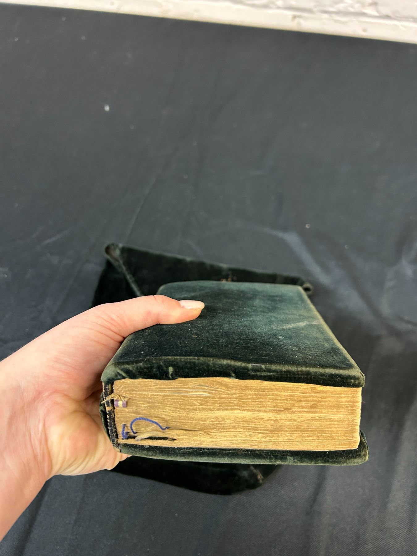 Antique, Victorian 1880 Holy Bible with Green Velvet Dust Jacket and Bag.