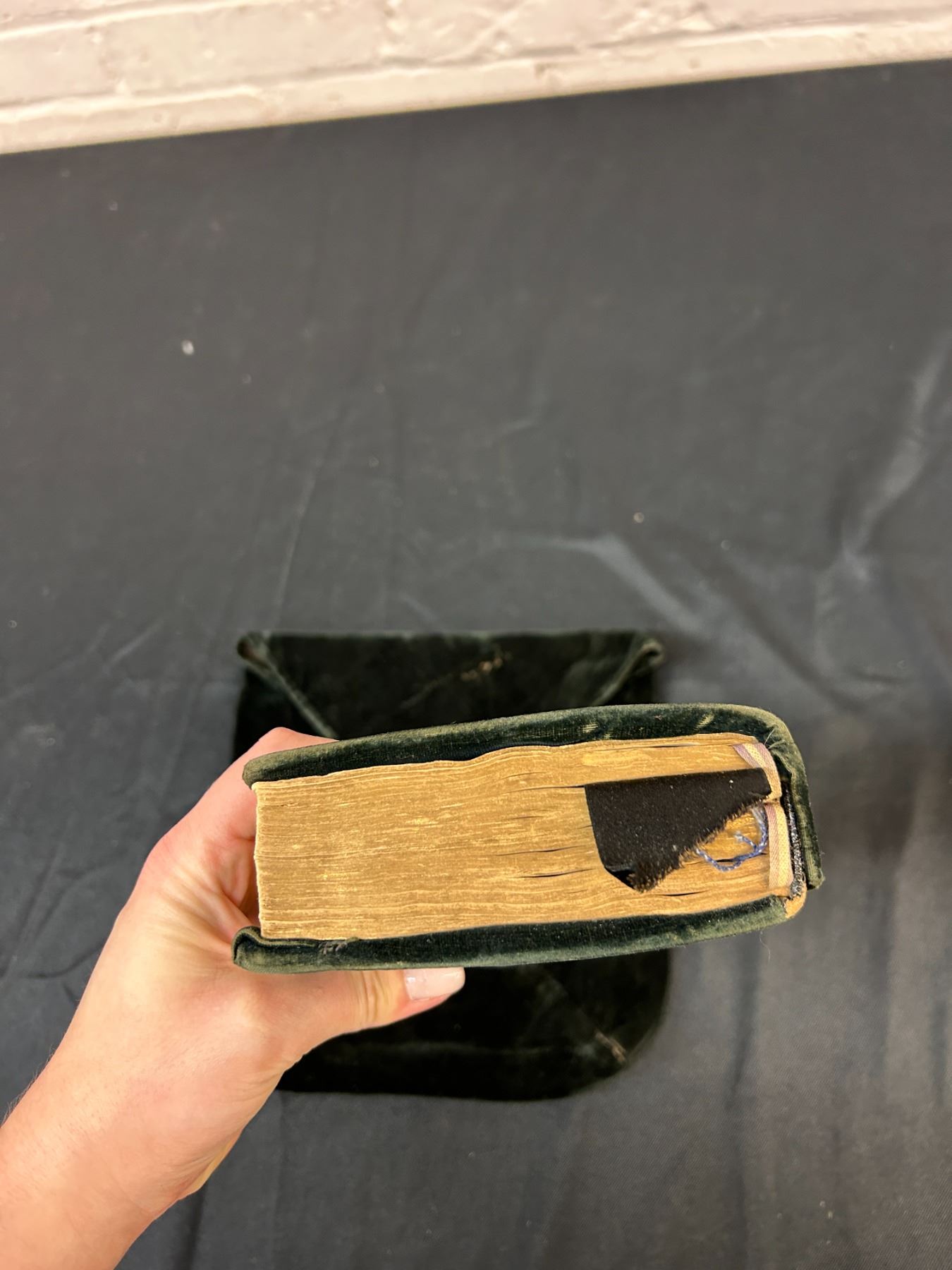Antique, Victorian 1880 Holy Bible with Green Velvet Dust Jacket and Bag.