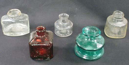 LOT OF 5 VINTAGE GLASS INKWELLS - INCL. BLUE, RED