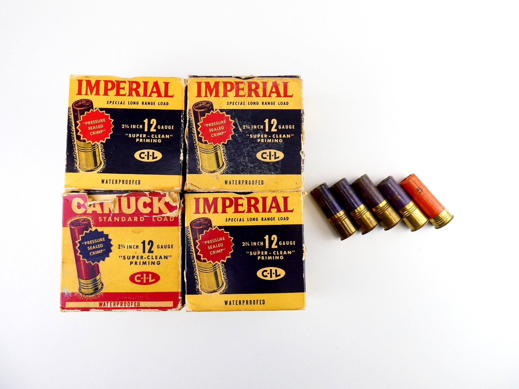 COLLECTIBLE ASSORTED IMPERIAL PAPER 12 GAUGE 2 3/4" SHOT SHELL AMMO LOT