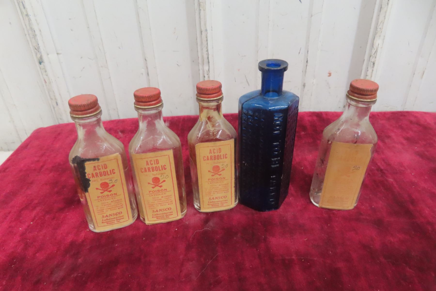 Five 1920s Antique Apothecary/Chemist Poison Bottles (Empty)