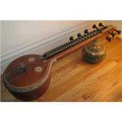 Indian Stringed Veena with Gold Leaf and Ivory Inlay