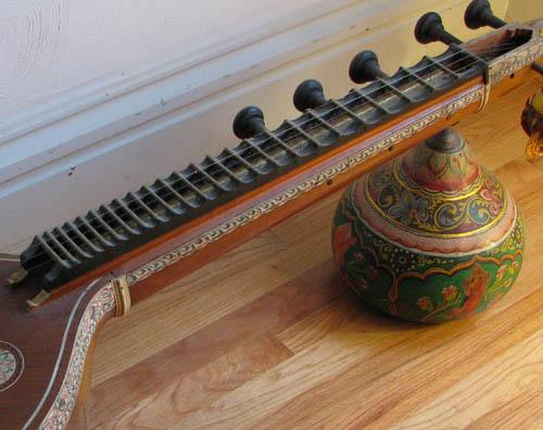 Indian Stringed Veena with Gold Leaf and Ivory Inlay