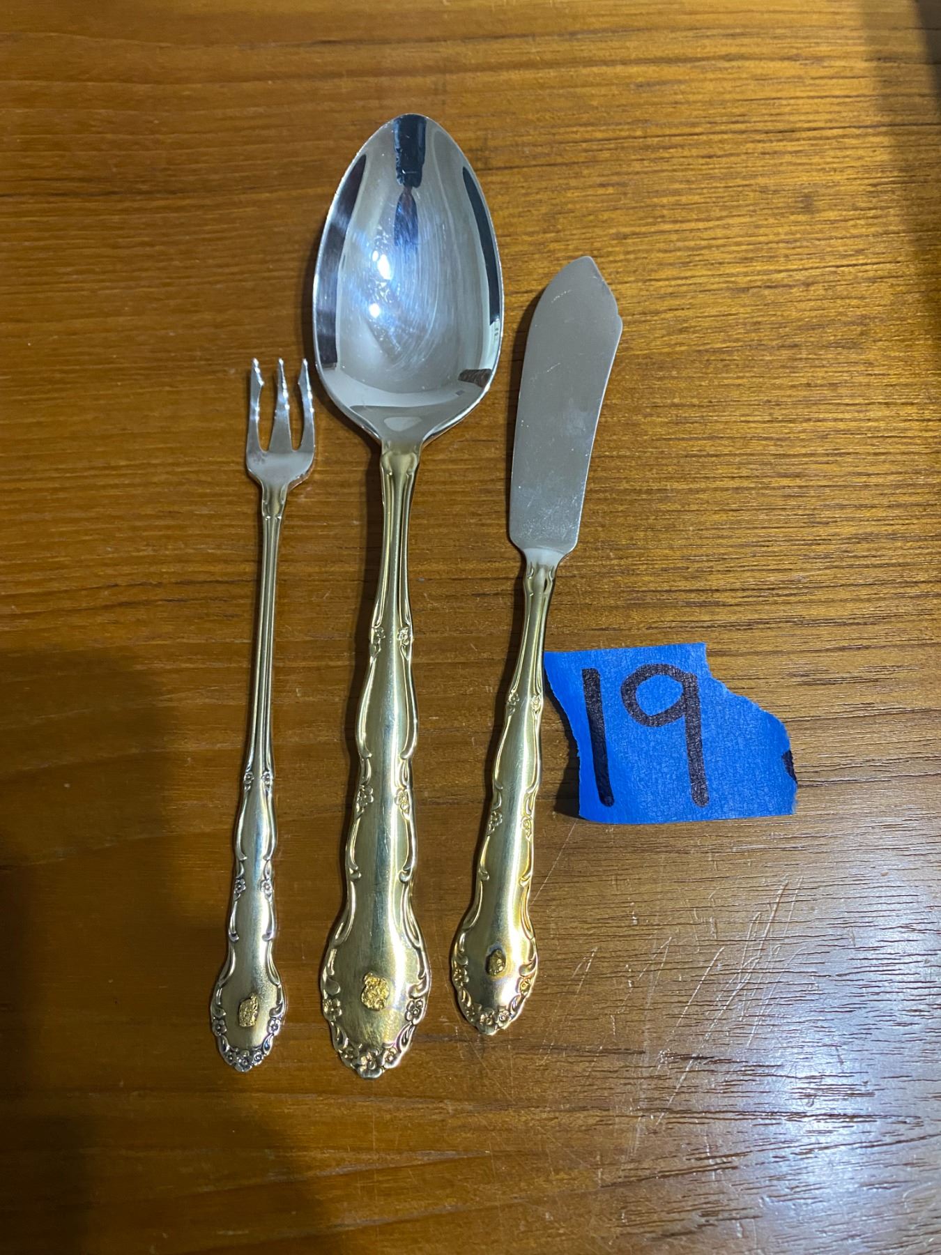 Set of Gold Plated serving silverware - gold nuggets soldered on the ...