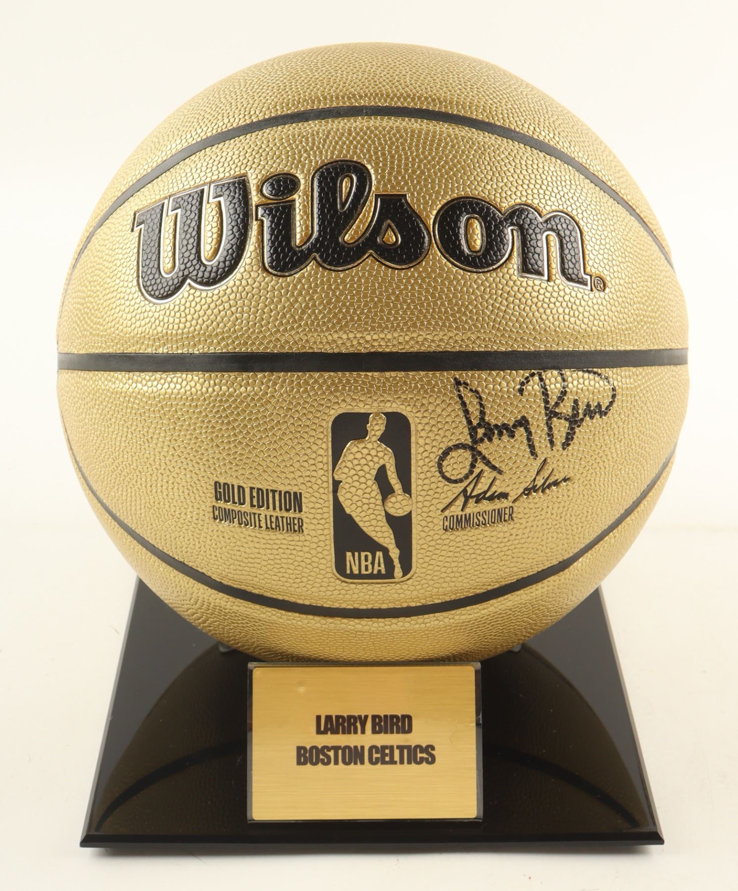 LARRY BIRD SIGNED BASKETBALL ON STAND - PSA COA