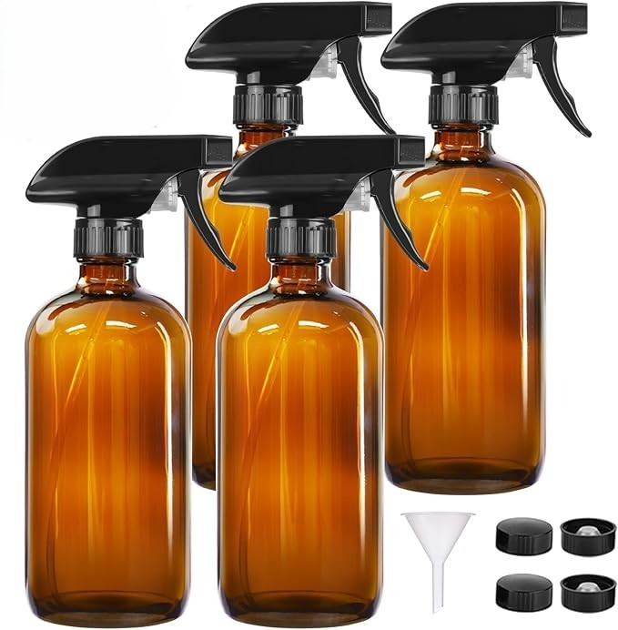 4-Pack Amber Glass Spray Bottles (16oz) Refillable/Reusable Spray ...