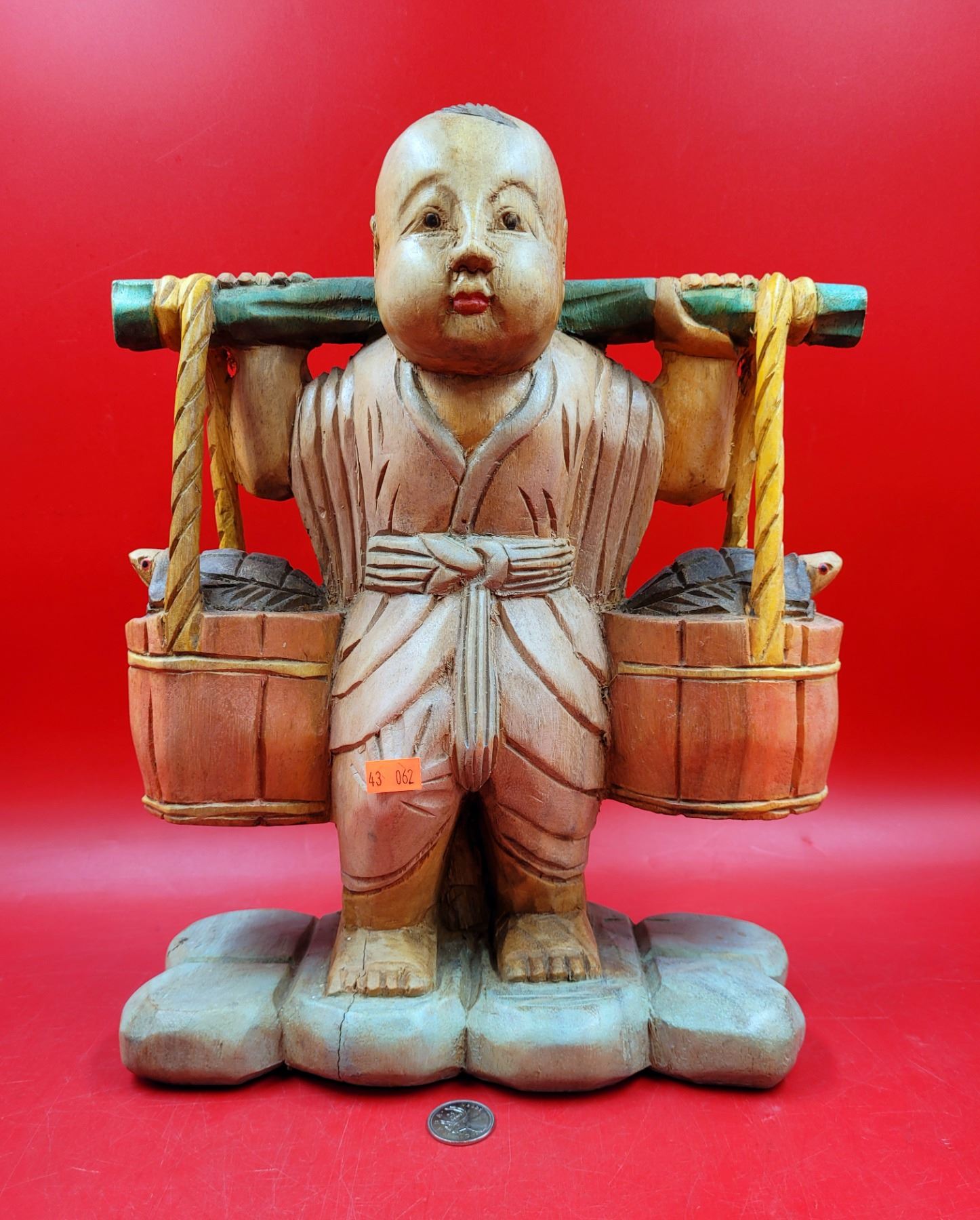 Carved Asian Boy w/ Yoke Sculpture