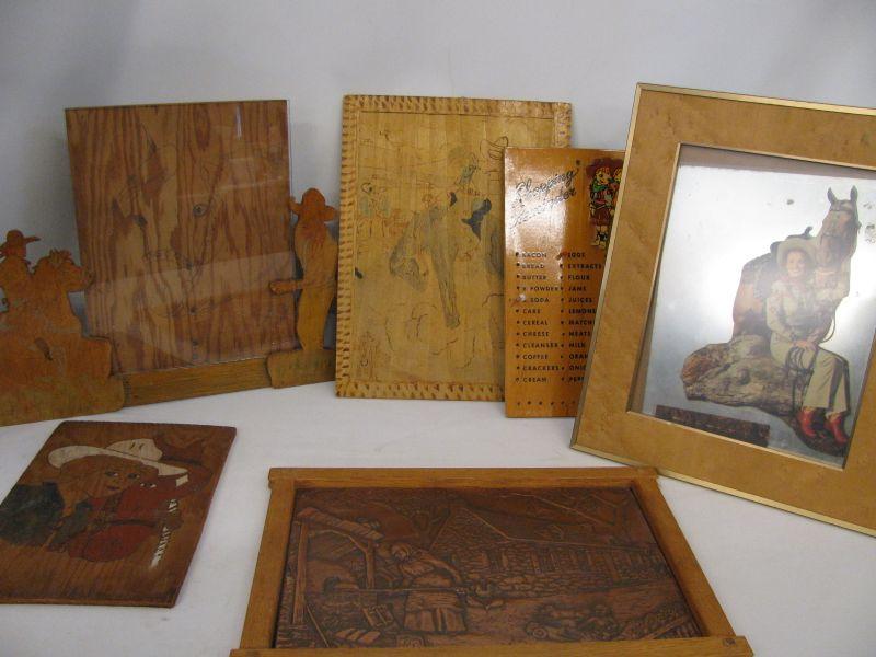 Wood Art Cowboy Items, Pyrography, Etc.