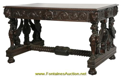 Mahogany Winged Griffin Library Table Attr: RJ Horner