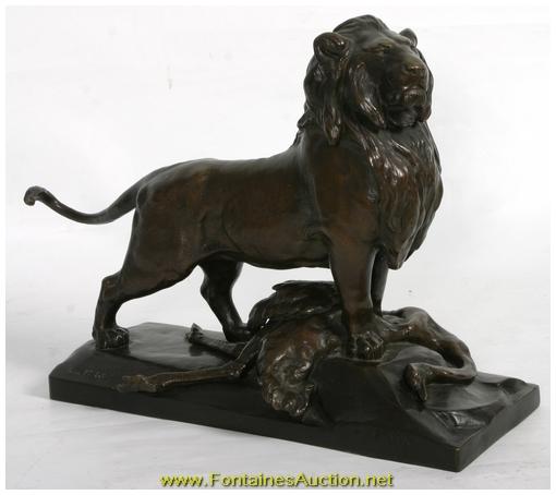 Auguste Cain Bronze Lion & Ostrich (1822-1894)