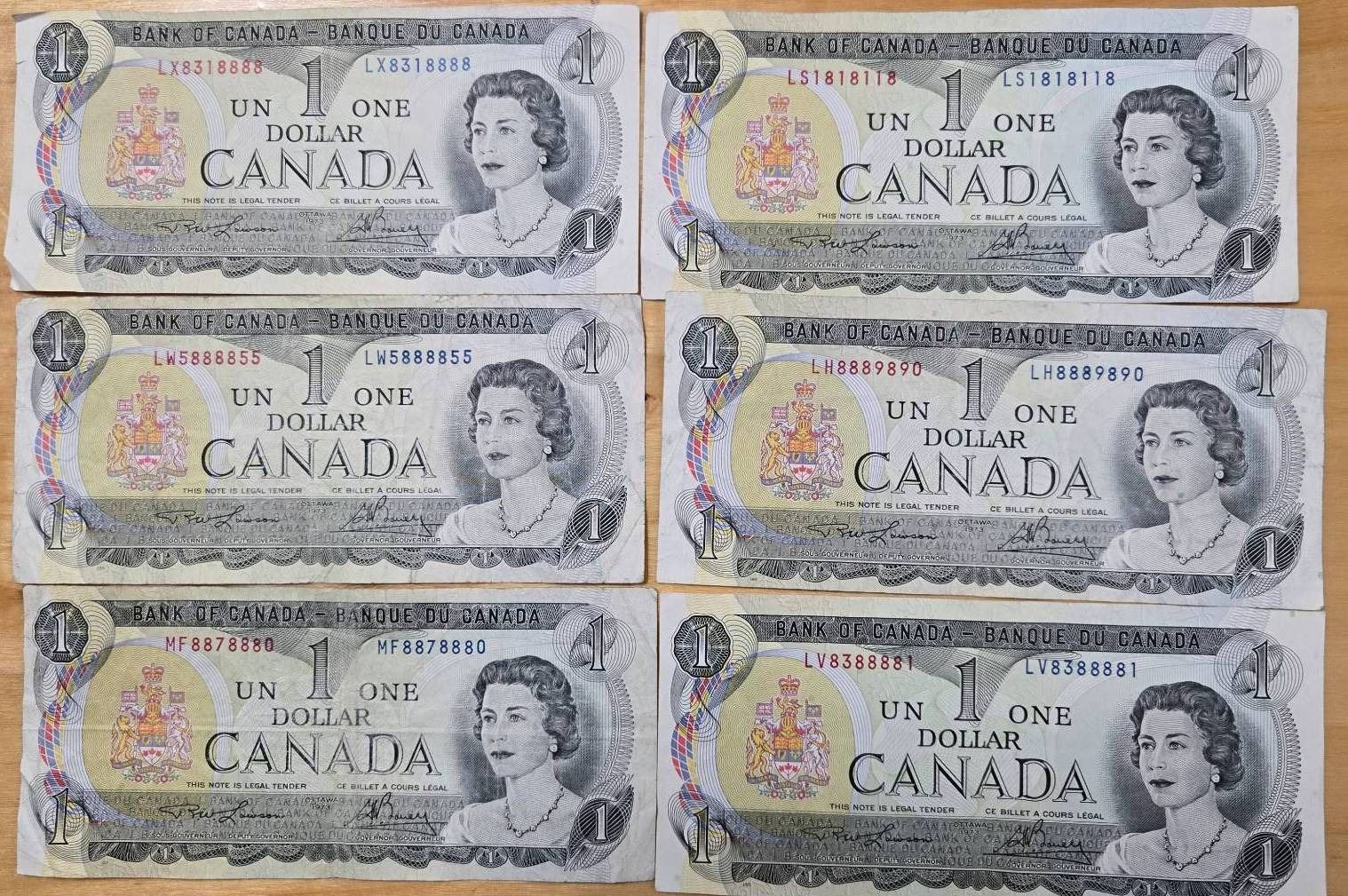 Six Canadian 1 Dollar Banknotes with Fancy Serial Numbers