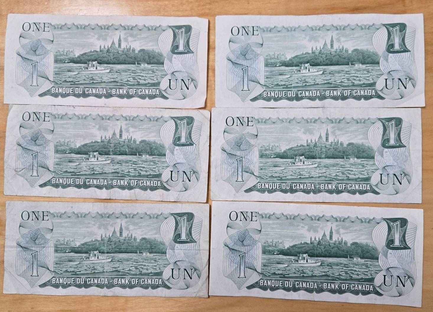 Six Canadian 1 Dollar Banknotes with Fancy Serial Numbers