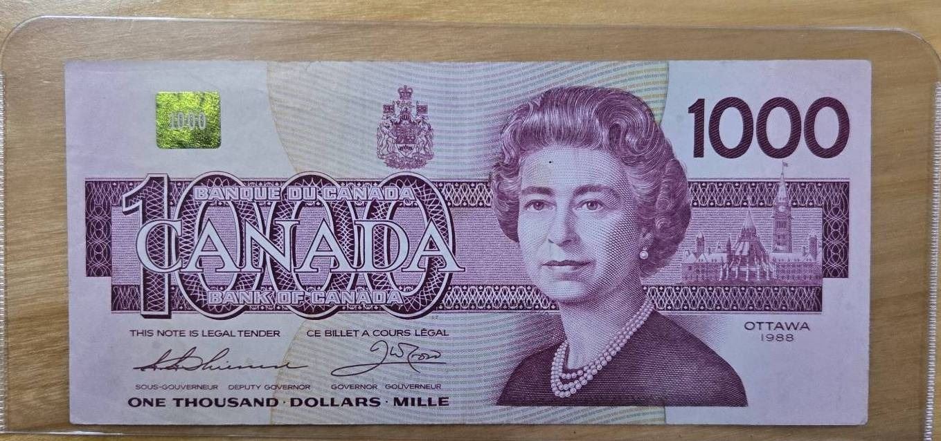 1988 Canadian $1000 Banknote in Protective Sleeve
