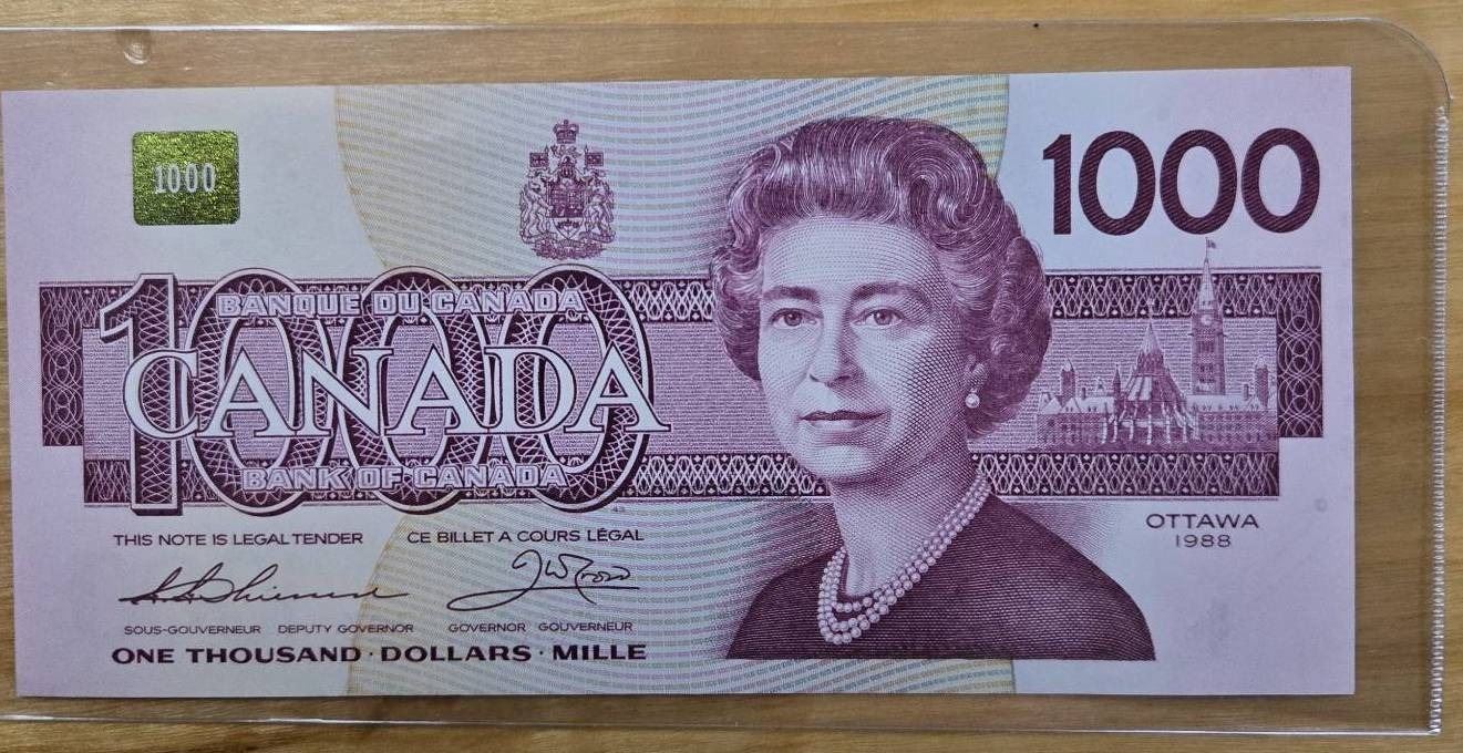 1988 Canadian $1000 Banknote in Protective Sleeve