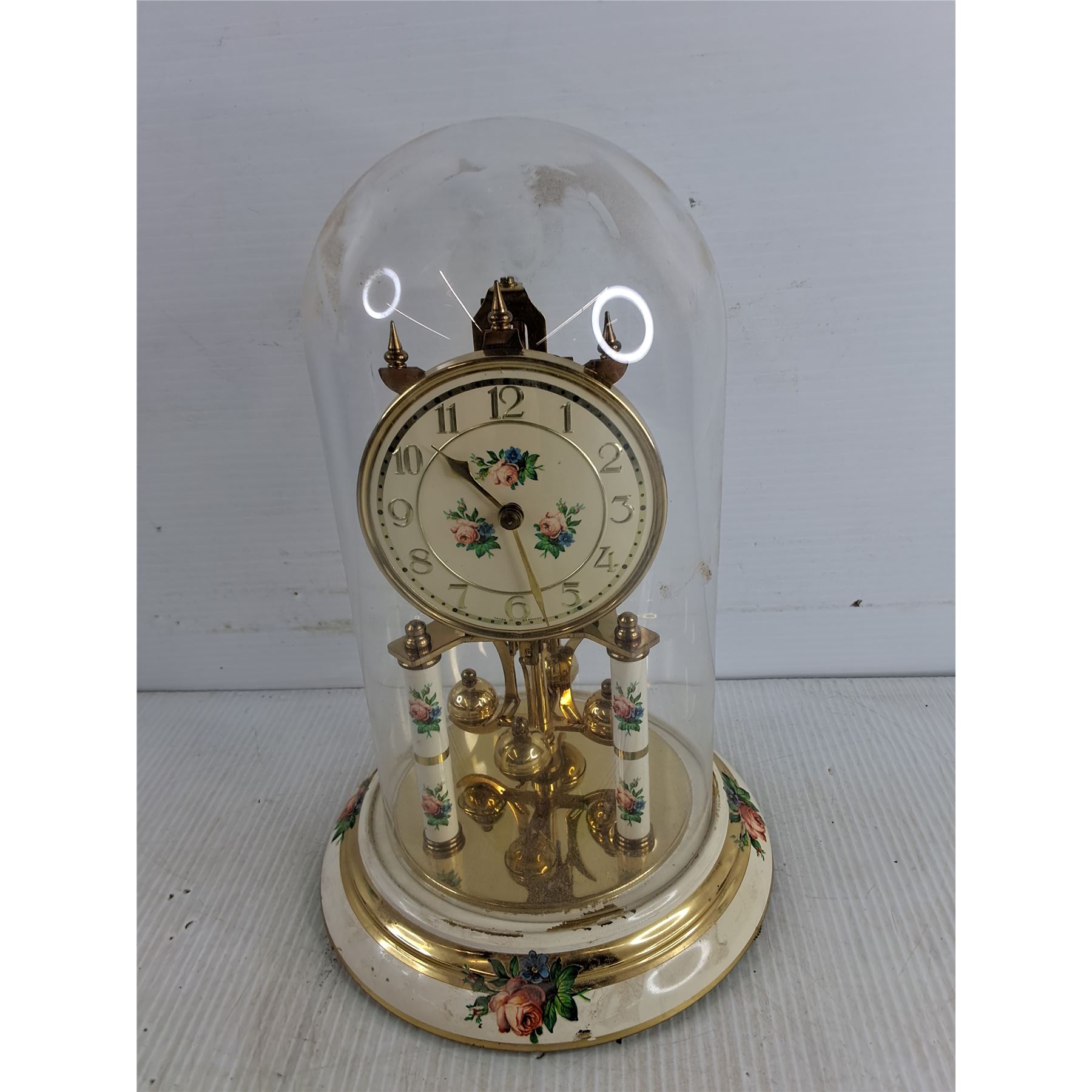 Vintage Anniversary/400 Day Clock with Glass Dome - Floral Dial & Base ...