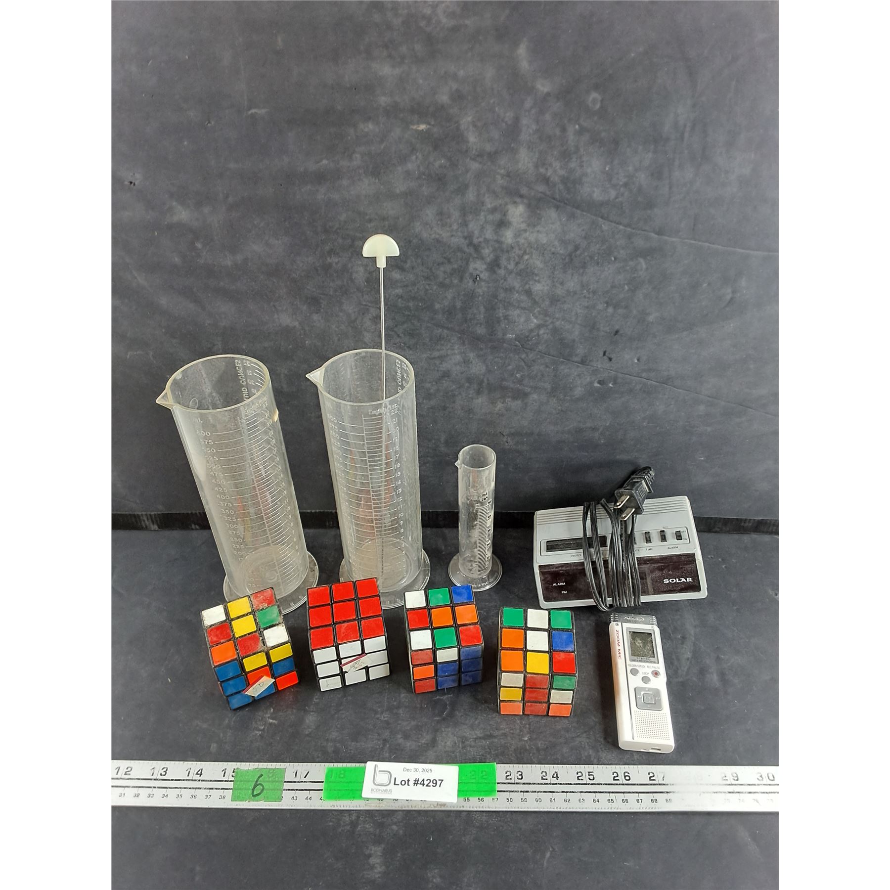 Vintage Plastic Measuring Cylinders, (4) Rubik's Cubes, Solar Alarm ...