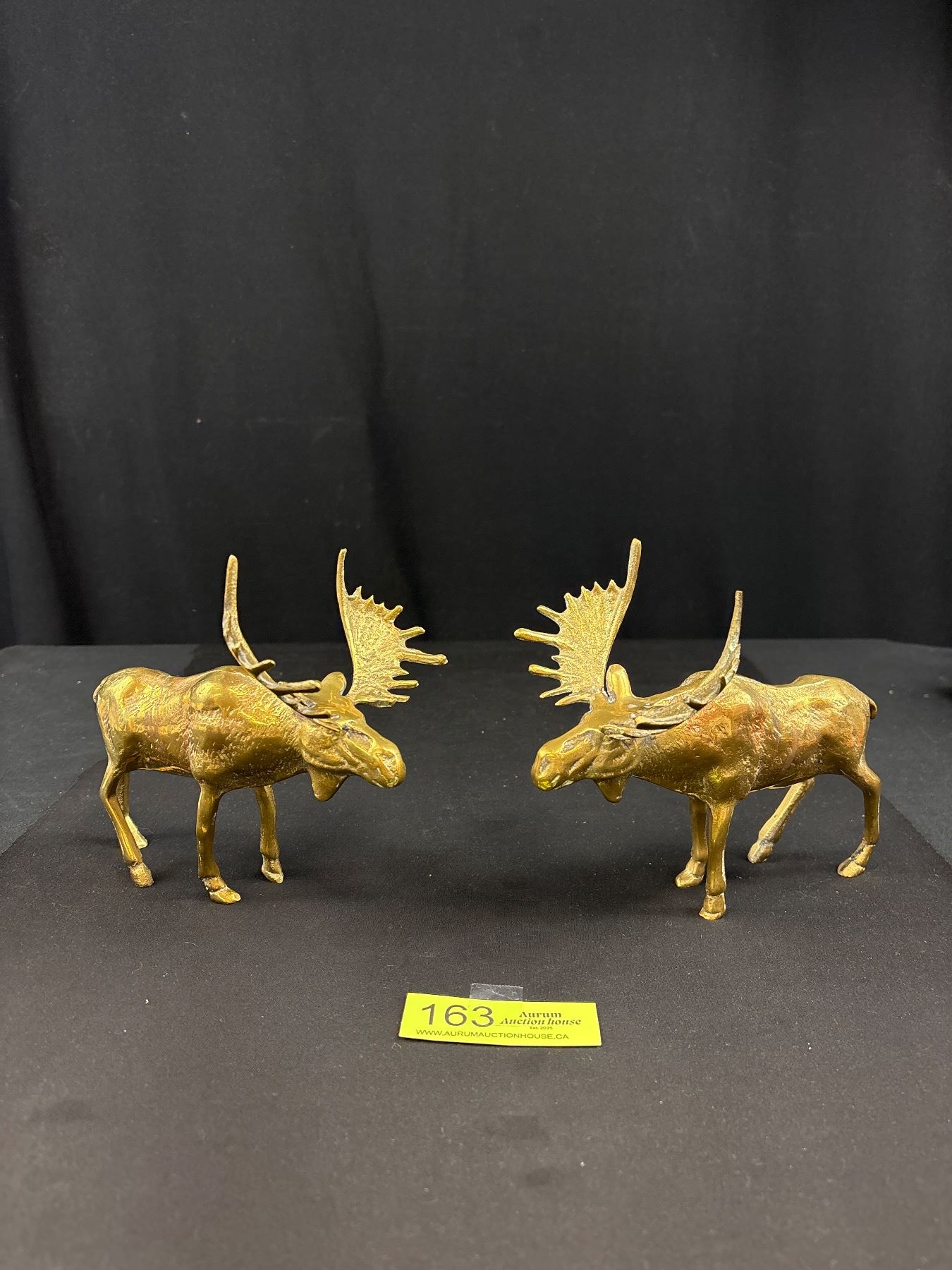 Pair Vintage Mid Century Brass Moose Figurine Sculpture 0 6.5" x 5.5"