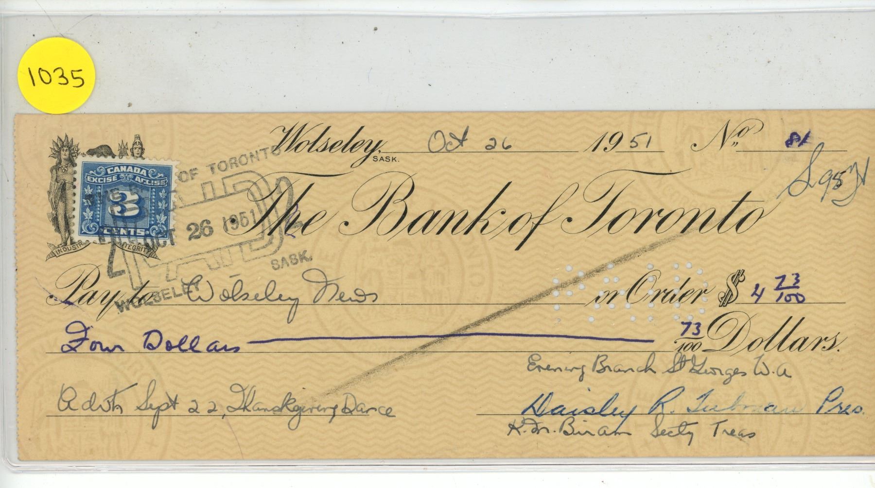 Bank of Toronto, Wolseley Sask. cancelled cheque dated 1951 for $4.23 ...