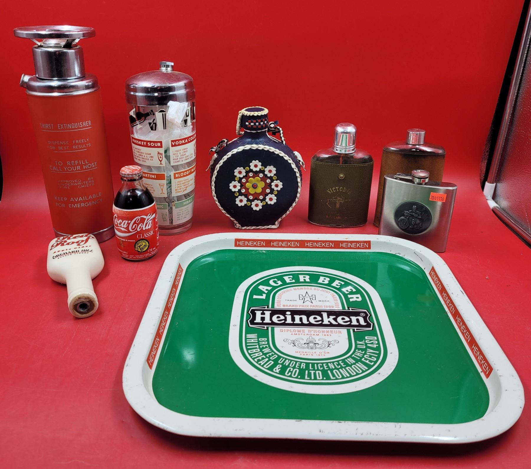 Lot Of Canteens, Water Bottles, Beer Tap, Coca-Cola Bottle & Heineken Tray