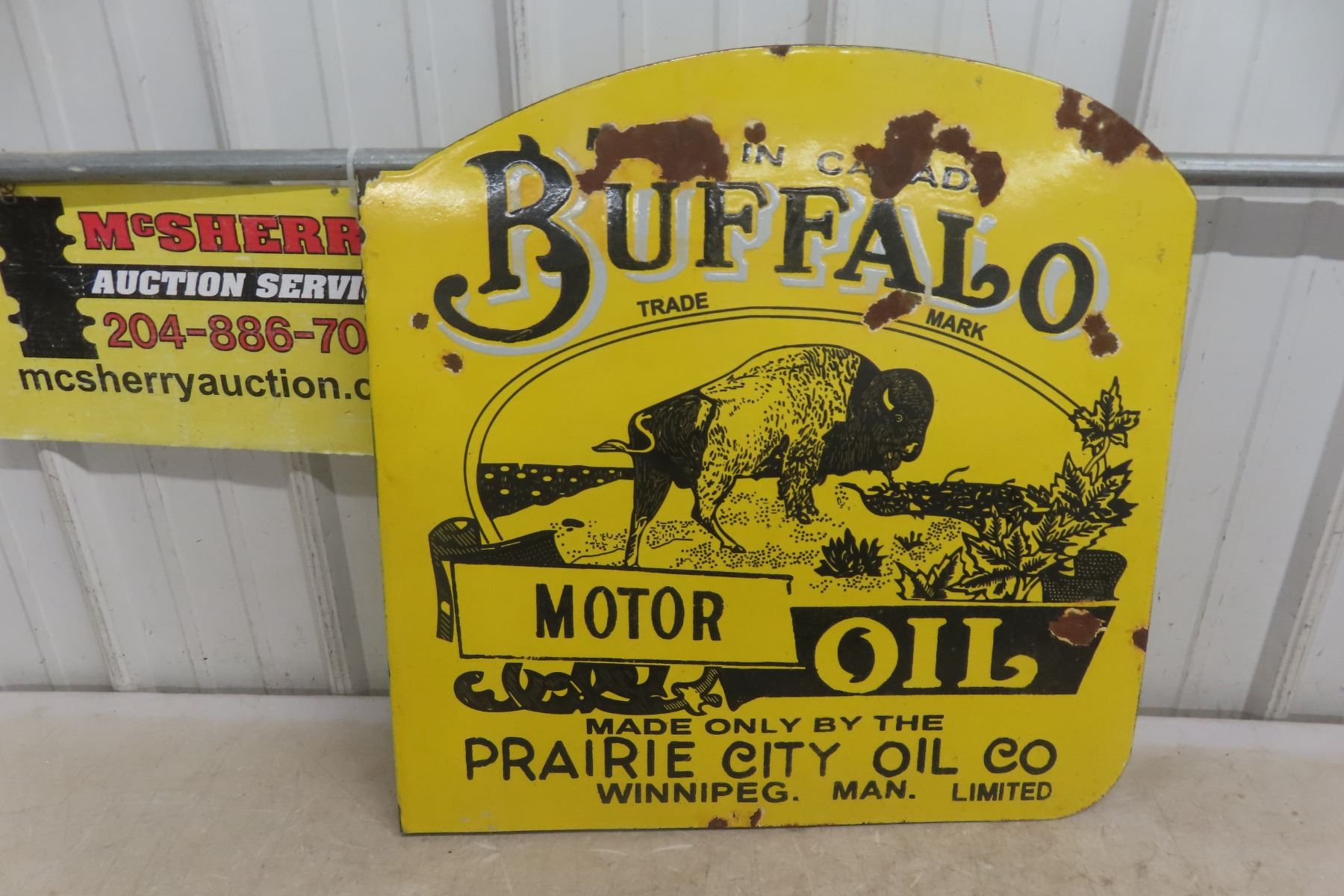 Buffalo Motor Oil Prairie City Oil Co Two-Sided Porcelain Flange Sign ...
